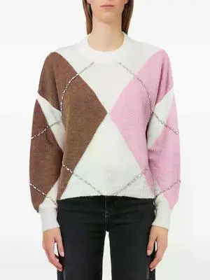 Liu Jo Argyle Crystal-embellished Sweater - Neutrals