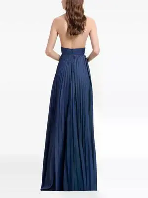 Elie Saab Pleated Halterneck Denim Maxi Dress