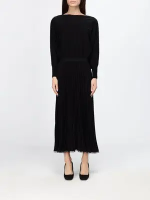TWINSET Pleated Skirt Midi Knit Crêpe Dress With Long Sleeves - Black