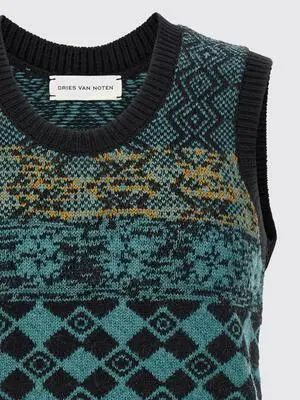 Dries Van Noten Wool Knit Vest With Abstract Jacquard Crewneck Pattern