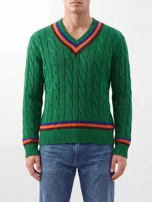 Polo Ralph Lauren V-neck Wool And Cotton Blend Sweater With Contrast Tipping