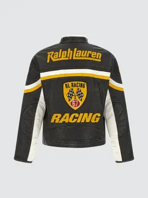 Polo Ralph Lauren Cowhide Leather Biker Jacket With Zip And Patches