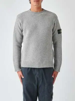 Stone Island Virgin Wool Blend Crewneck Sweater With Compass Logo Patch - Grey