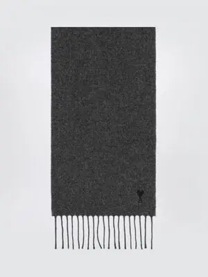 AMI Paris Pure Wool Scarf With Embroidered Logo And Fringed Edges - Grey