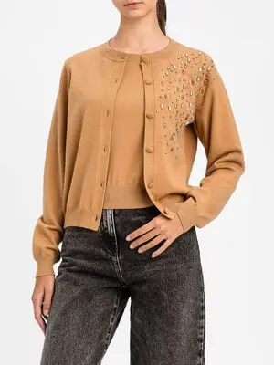 TWINSET Crystal-embellished Viscose Blend Crewneck Cardigan - Coffee