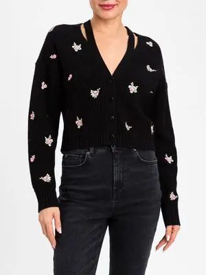 TWINSET V-neck Wool Blend Cardigan With Crystal Embellishment - Black