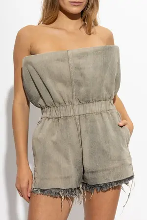 Rick Owens Asymmetric Strapless Washed Gray Denim Jumpsuit