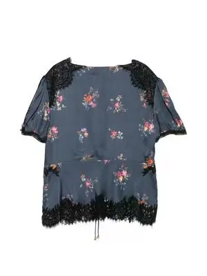 SELF-PORTRAIT Floral-print Lace-trim Top - Grey