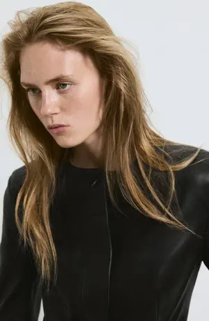 Mango Round Neck Leather Blazer