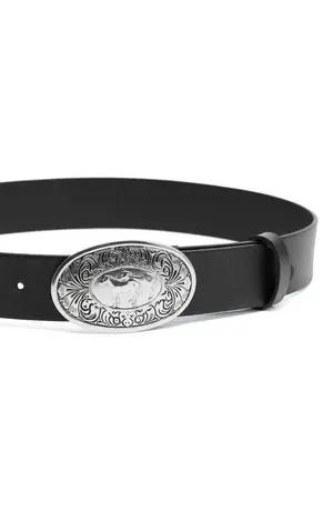 Mango Engraved Buckle Leather Belt