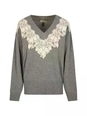 Alberta Ferretti Lace-trim V-neck Sweater - Grey