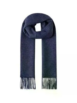 HACKETT  Houndstooth-pattern Fringed Scarf - Blue