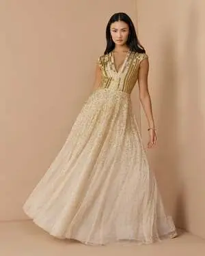 MAC DUGGAL COLLECTION V-neck Beaded Tulle A-line Gown