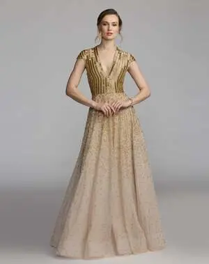 MAC DUGGAL COLLECTION V-neck Beaded Tulle A-line Gown