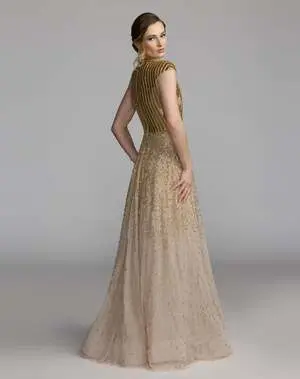 MAC DUGGAL COLLECTION V-neck Beaded Tulle A-line Gown