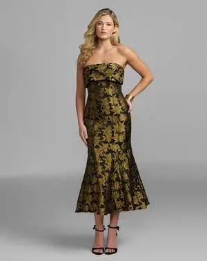 Mac Duggal Gold Metallic Strapless Brocade Mermaid Midi Dress