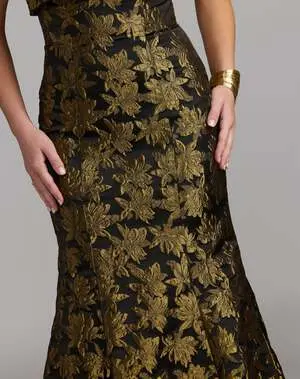 Mac Duggal Gold Metallic Strapless Brocade Mermaid Midi Dress