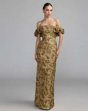 Mac Duggal Off The Shoulder Rosette Column Gown