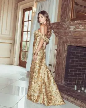 Mac Duggal Off The Shoulder Rosette Column Gown