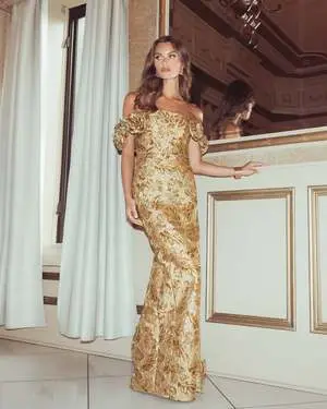 Mac Duggal Off The Shoulder Rosette Column Gown