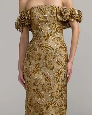 Mac Duggal Off The Shoulder Rosette Column Gown