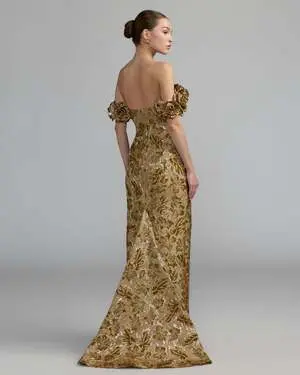 Mac Duggal Off The Shoulder Rosette Column Gown
