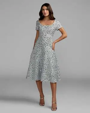 Mac Duggal Sequin Button Up Boucle Midi Dress - Platinum