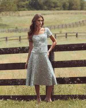 Mac Duggal Sequin Button Up Boucle Midi Dress
