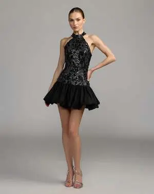 Mac Duggal Embellished Lace Bubble Hem Mini Dress - Black Silver