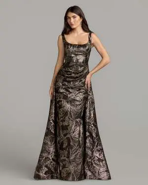 Mac Duggal Black Metallic Floral Brocade Gown With Overskirt - Bronze