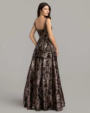 Mac Duggal Black Metallic Floral Brocade Gown With Overskirt