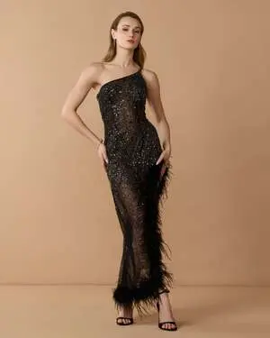 MAC DUGGAL COLLECTION One Shoulder Embellished Dress With Feather Trim