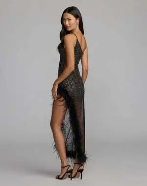 MAC DUGGAL COLLECTION One Shoulder Embellished Dress With Feather Trim
