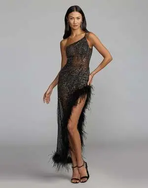 MAC DUGGAL COLLECTION One Shoulder Embellished Dress With Feather Trim
