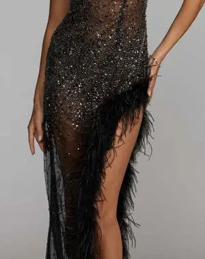 MAC DUGGAL COLLECTION One Shoulder Embellished Dress With Feather Trim