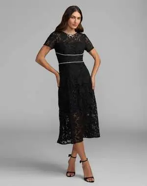 Mac Duggal Short Sleeve Lace Midi Dress With Rhinestone Trim
