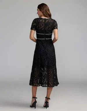 Mac Duggal Short Sleeve Lace Midi Dress With Rhinestone Trim