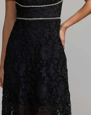 Mac Duggal Short Sleeve Lace Midi Dress With Rhinestone Trim