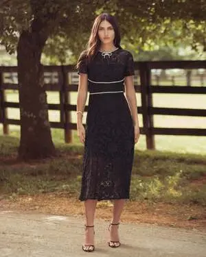 Mac Duggal Short Sleeve Lace Midi Dress With Rhinestone Trim
