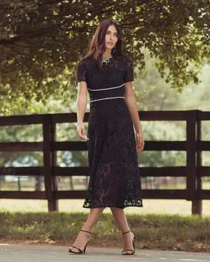 Mac Duggal Short Sleeve Lace Midi Dress With Rhinestone Trim