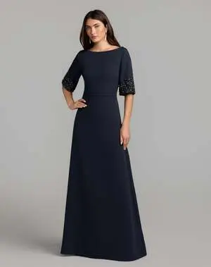 Mac Duggal A-line Crepe Gown With Beaded Sleeves