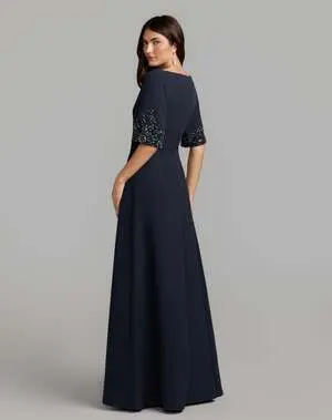 Mac Duggal A-line Crepe Gown With Beaded Sleeves