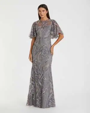Mac Duggal Petite Charcoal High Neck Flutter Sleeve Embroidered Gown
