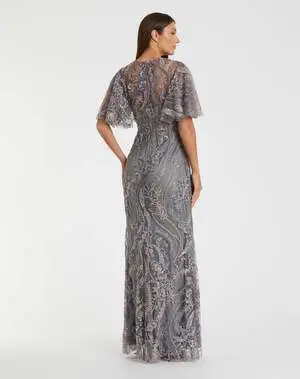 Mac Duggal Petite Charcoal High Neck Flutter Sleeve Embroidered Gown