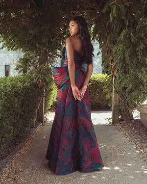 Mac Duggal Strapless Brocade Mermaid Gown With Bow Detail