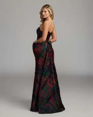 Mac Duggal Strapless Brocade Mermaid Gown With Bow Detail