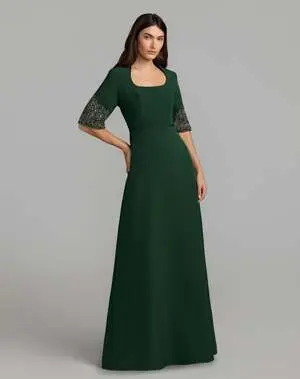 Mac Duggal Petite Scoop Neck Beaded Cuff Crepe Gown