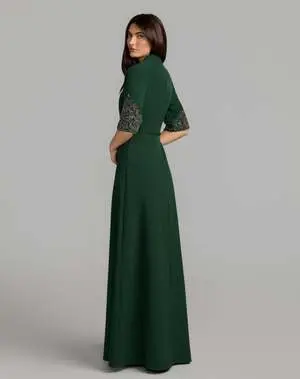 Mac Duggal Petite Scoop Neck Beaded Cuff Crepe Gown