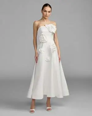 Mac Duggal Ivory Strapless Satin A-line Dress With 3d Flowers