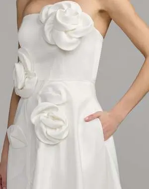 Mac Duggal Ivory Strapless Satin A-line Dress With 3d Flowers